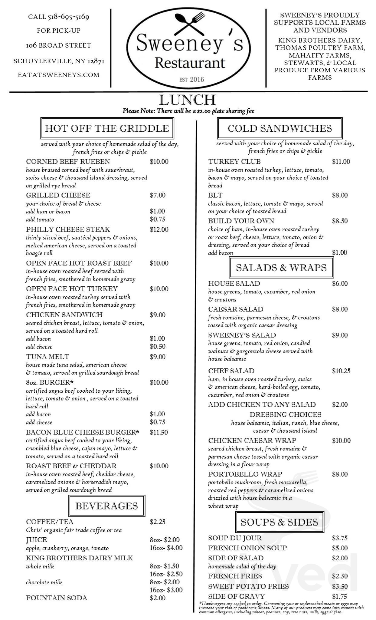 Sweeney's menus in Schuylerville, New York, United States