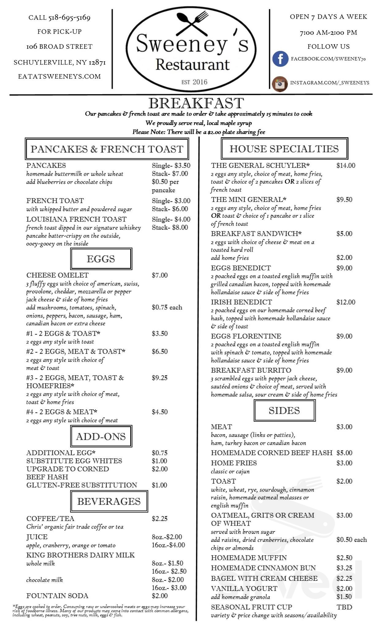 Menu for Sweeney's in Schuylerville, NY | Sirved