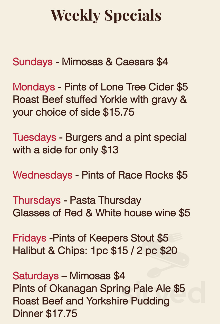 The Oaks Restaurant and Tearoom menu in Victoria, British Columbia, Canada