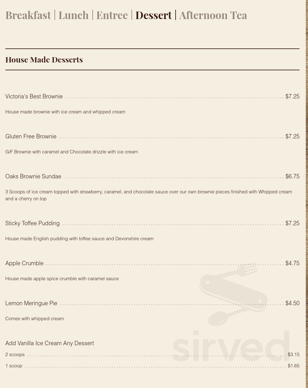 The Oaks Restaurant and Tearoom menu in Victoria, British Columbia, Canada