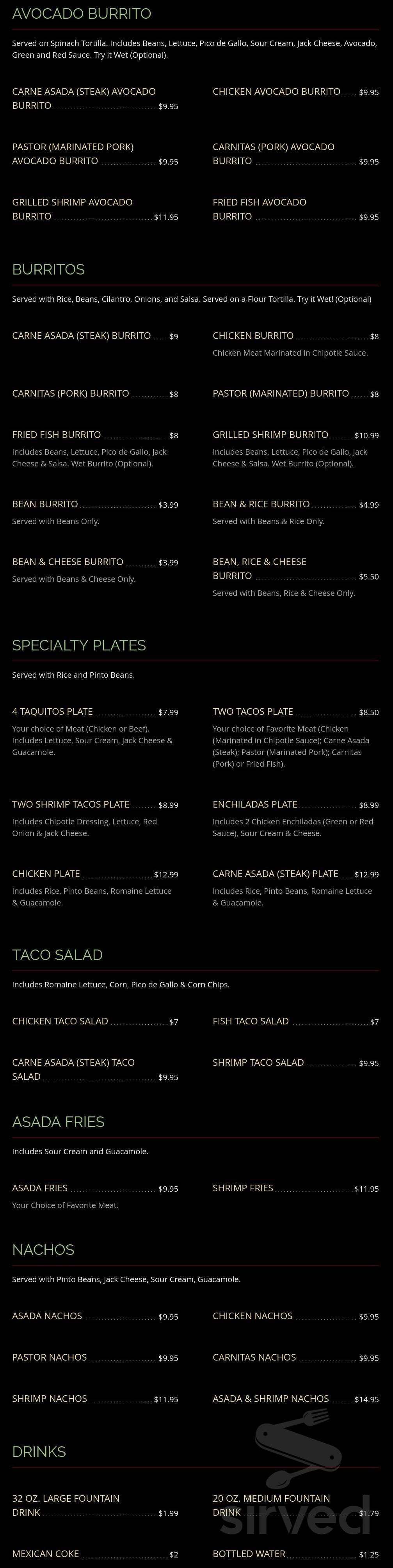 Green Taco menus in Riverside, California, United States