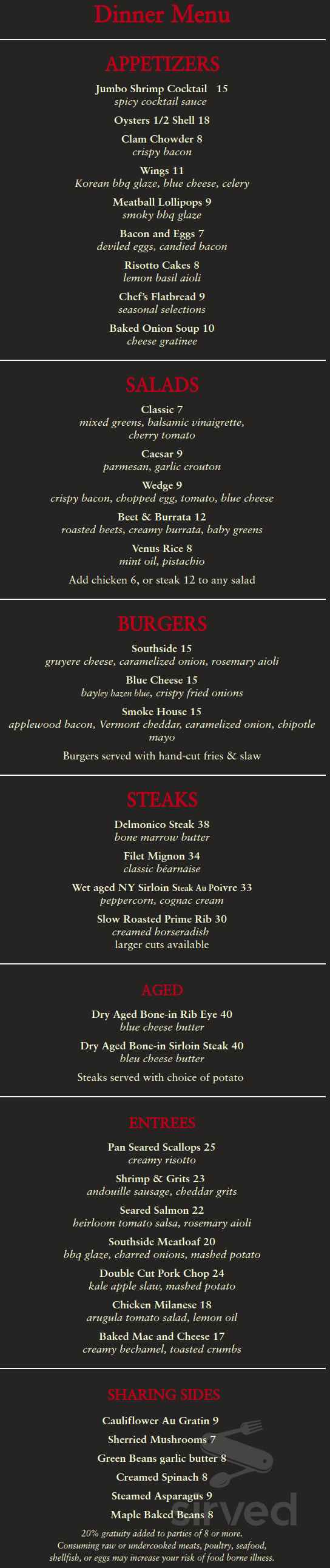 Southside Steakhouse menu in Rutland, Vermont, USA