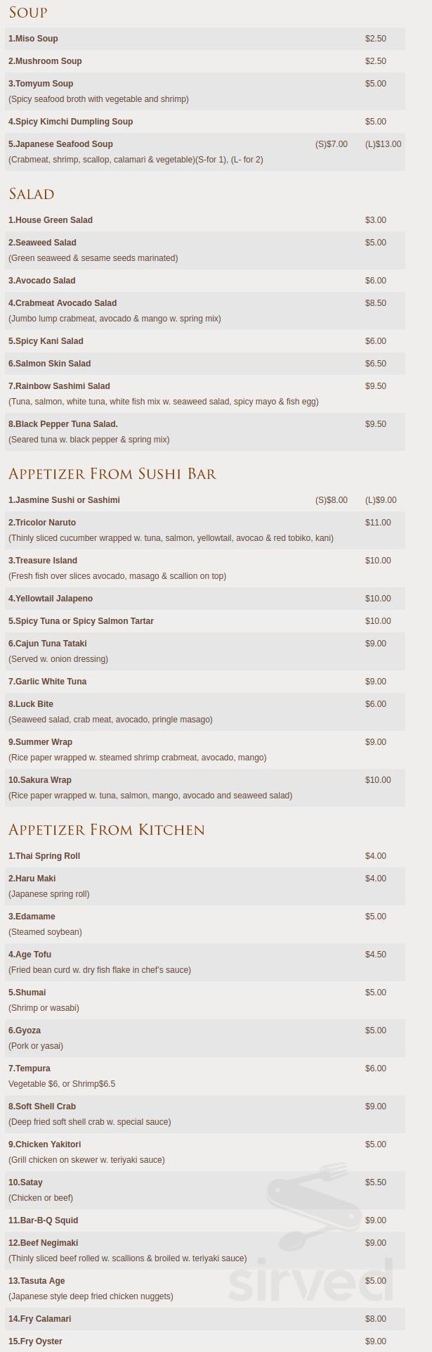 Jasmine Sushi Hibachi & Thai menu in Easton, Pennsylvania, USA