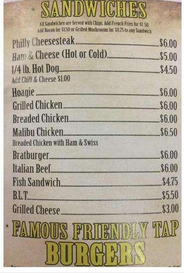 The Friendly Tap menu in Plano, Illinois, USA