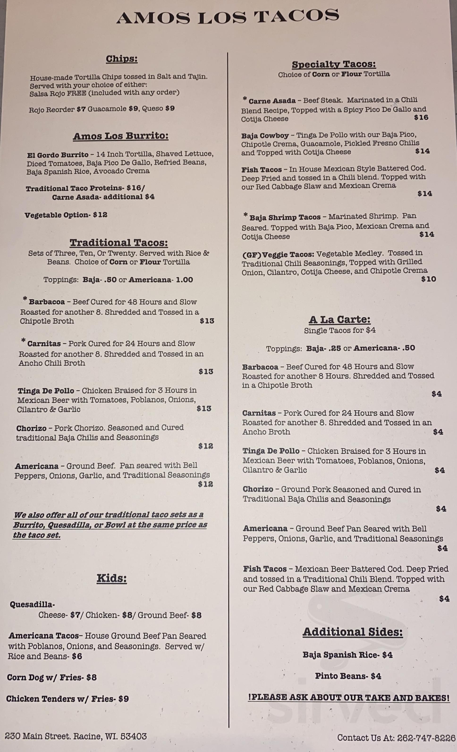 Menu - Racine WI's Amos Los Tacos | Sirved
