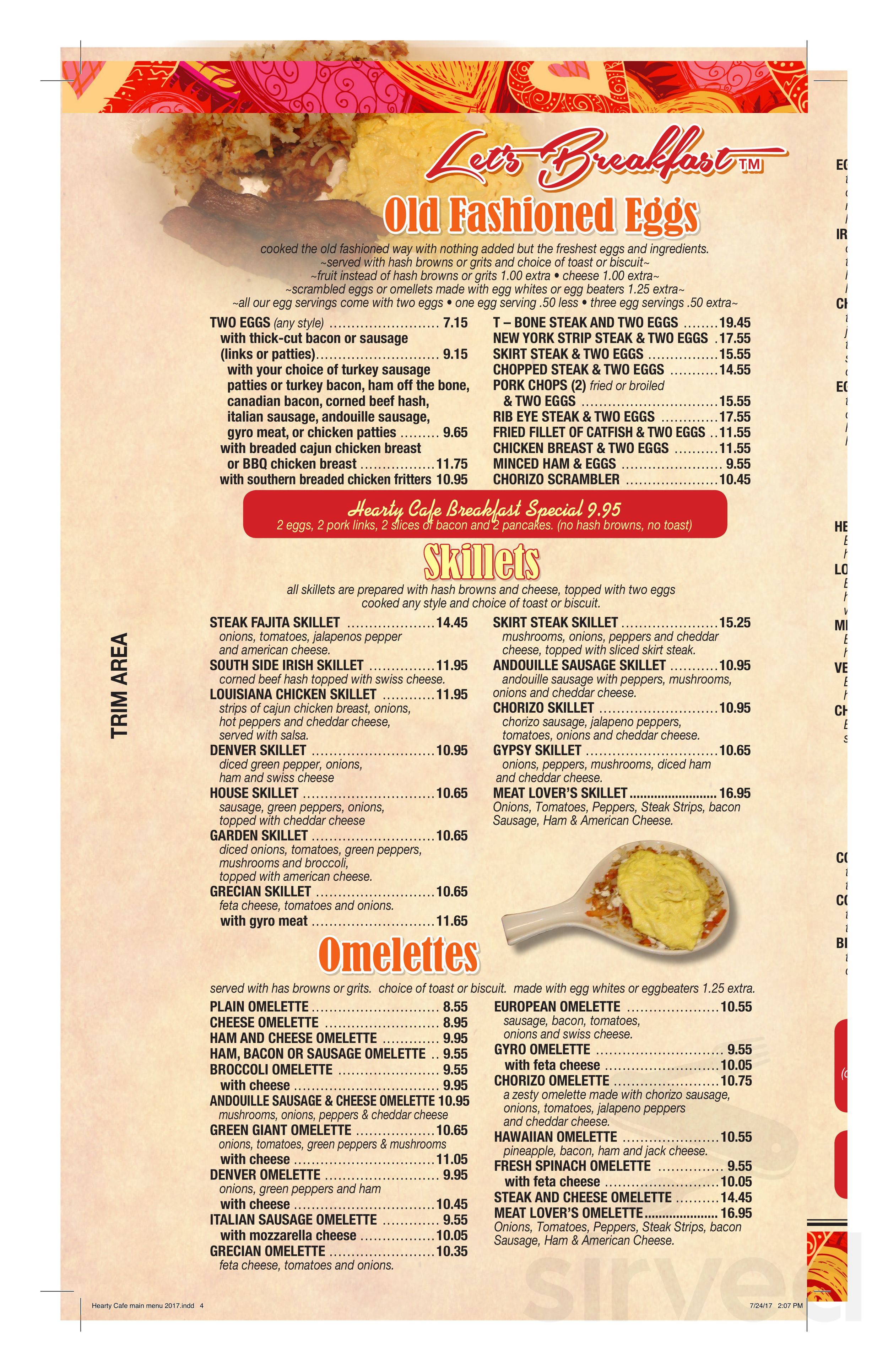 Hearty Cafe Pancake House menu in Chicago, Illinois, USA