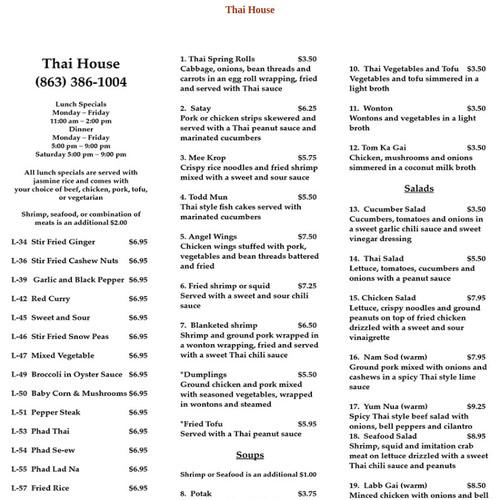 Thai House menu in Sebring, Florida, USA