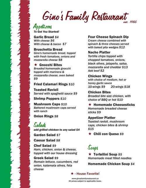 Gino's Family Restaurant menu in Sault Ste. Marie, Ontario, Canada