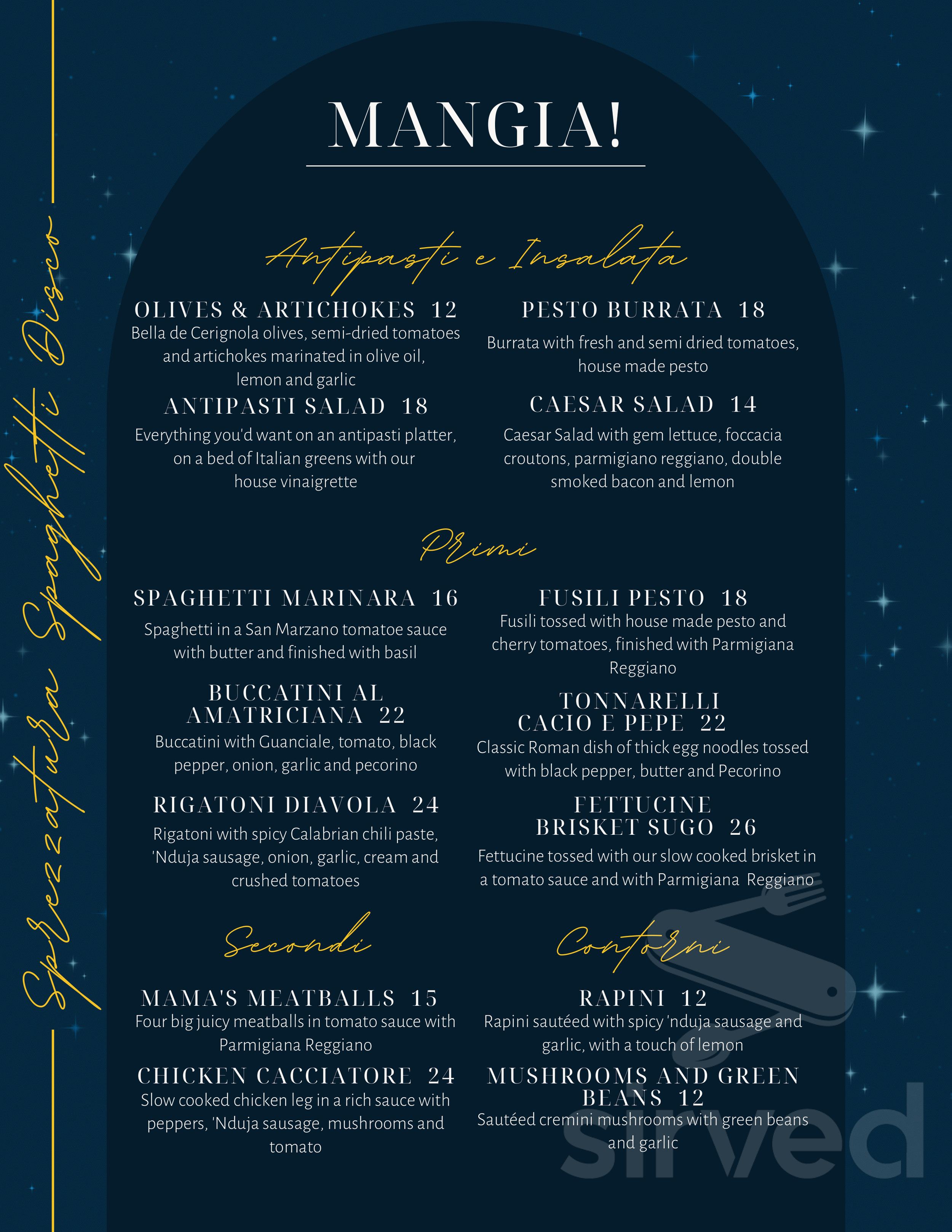 Sprezzatura Spaghetti Disco menu in Toronto, Ontario, Canada