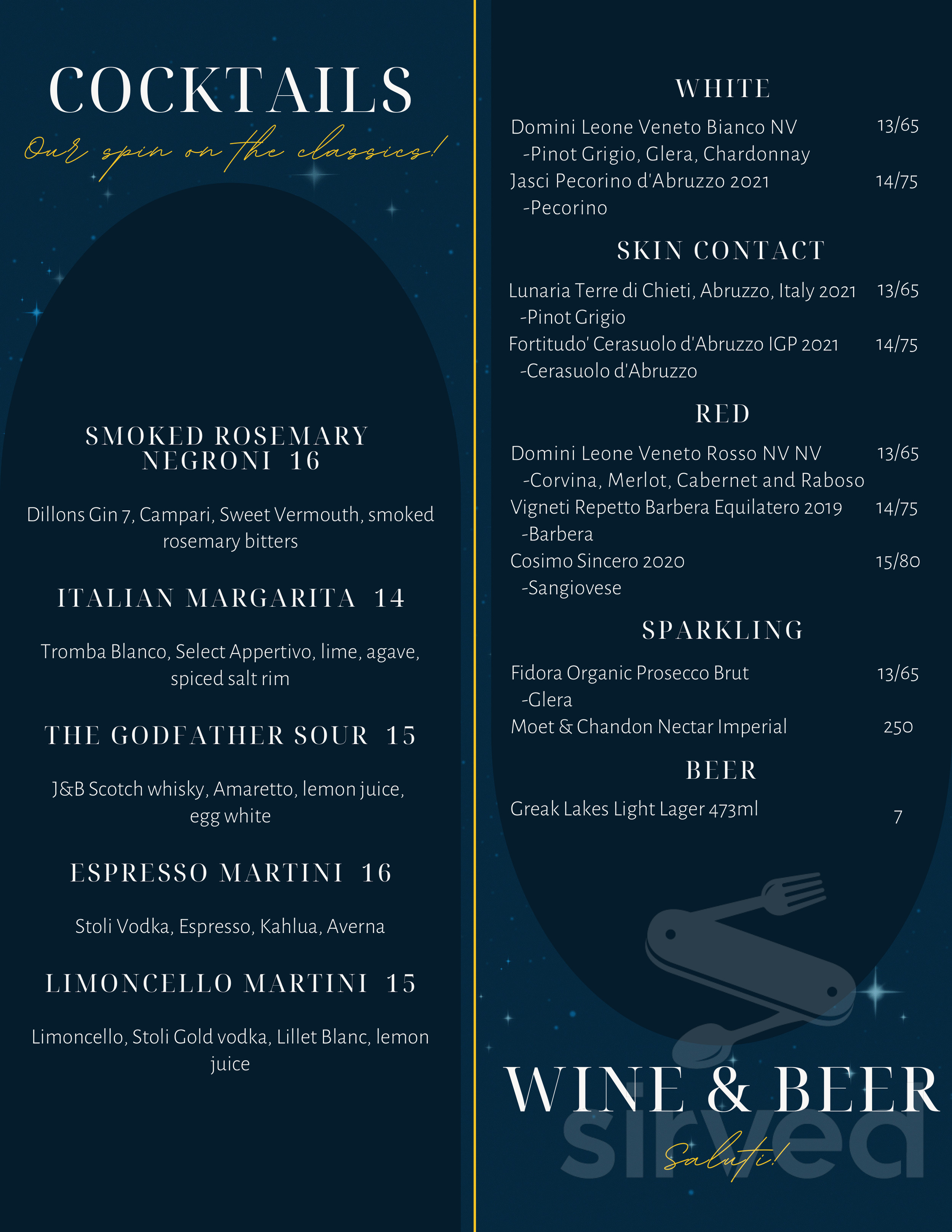 Sprezzatura Spaghetti Disco menu in Toronto, Ontario, Canada