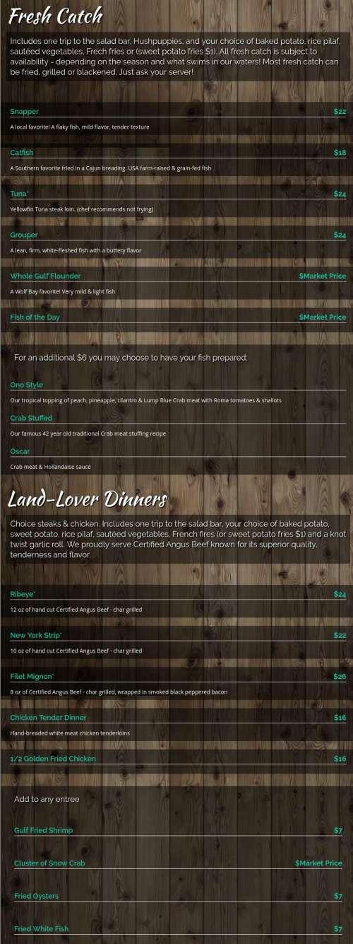 Wolf Bay Restaurant at Foley menu in Foley, Alabama, USA