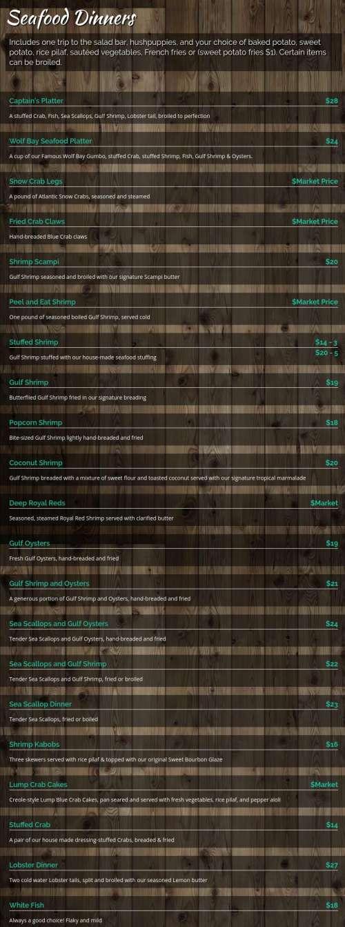 Wolf Bay Restaurant at Foley menu in Foley, Alabama, USA