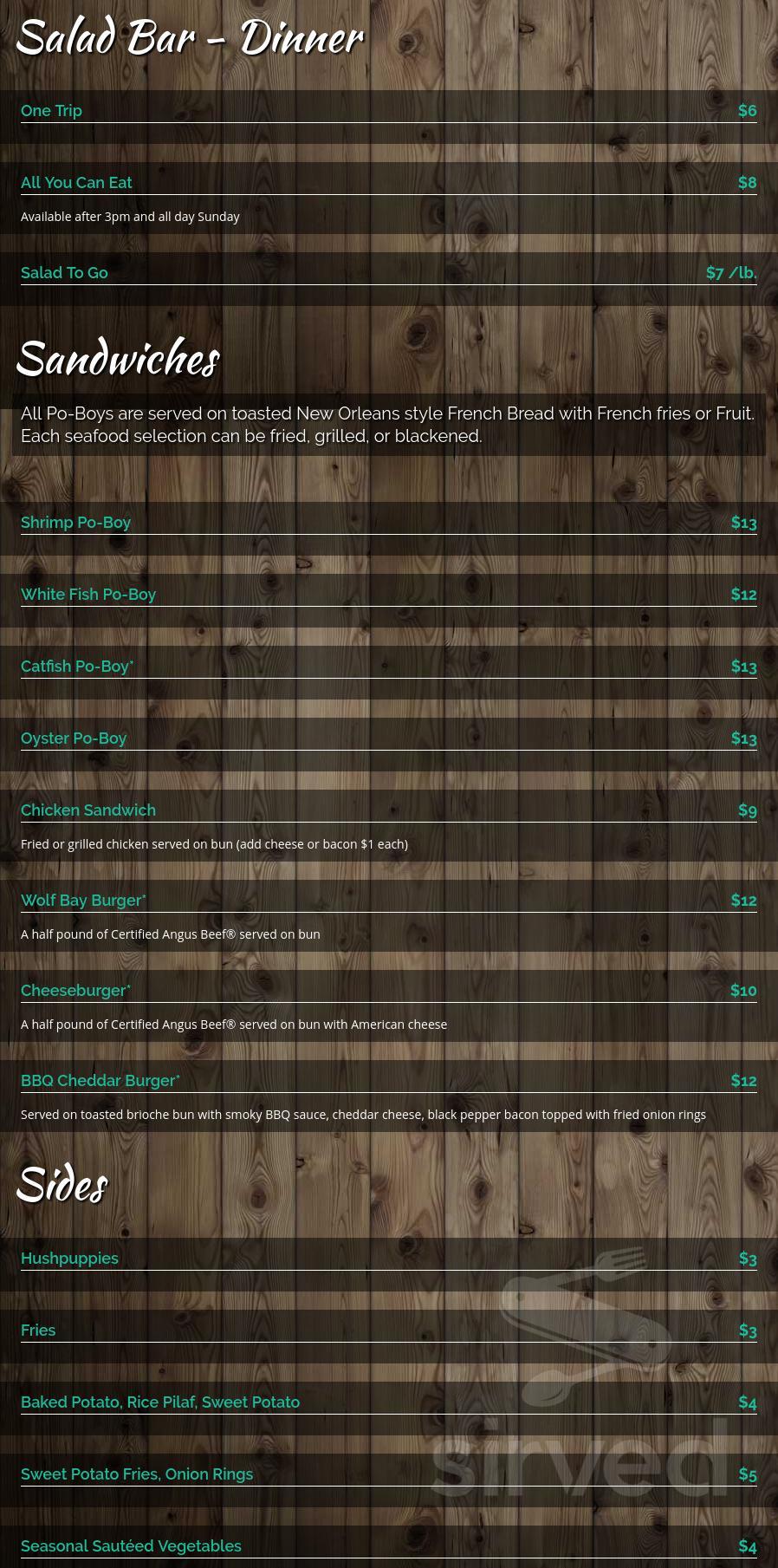 Wolf Bay Restaurant at Foley menu in Foley, Alabama, USA