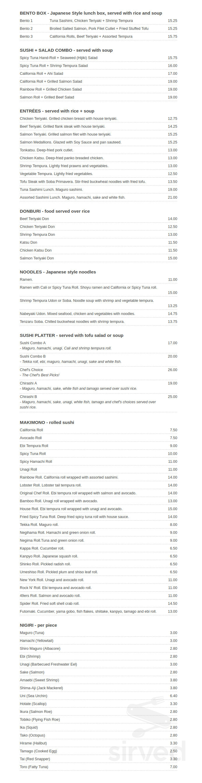Kubota menu in San Jose, California, USA