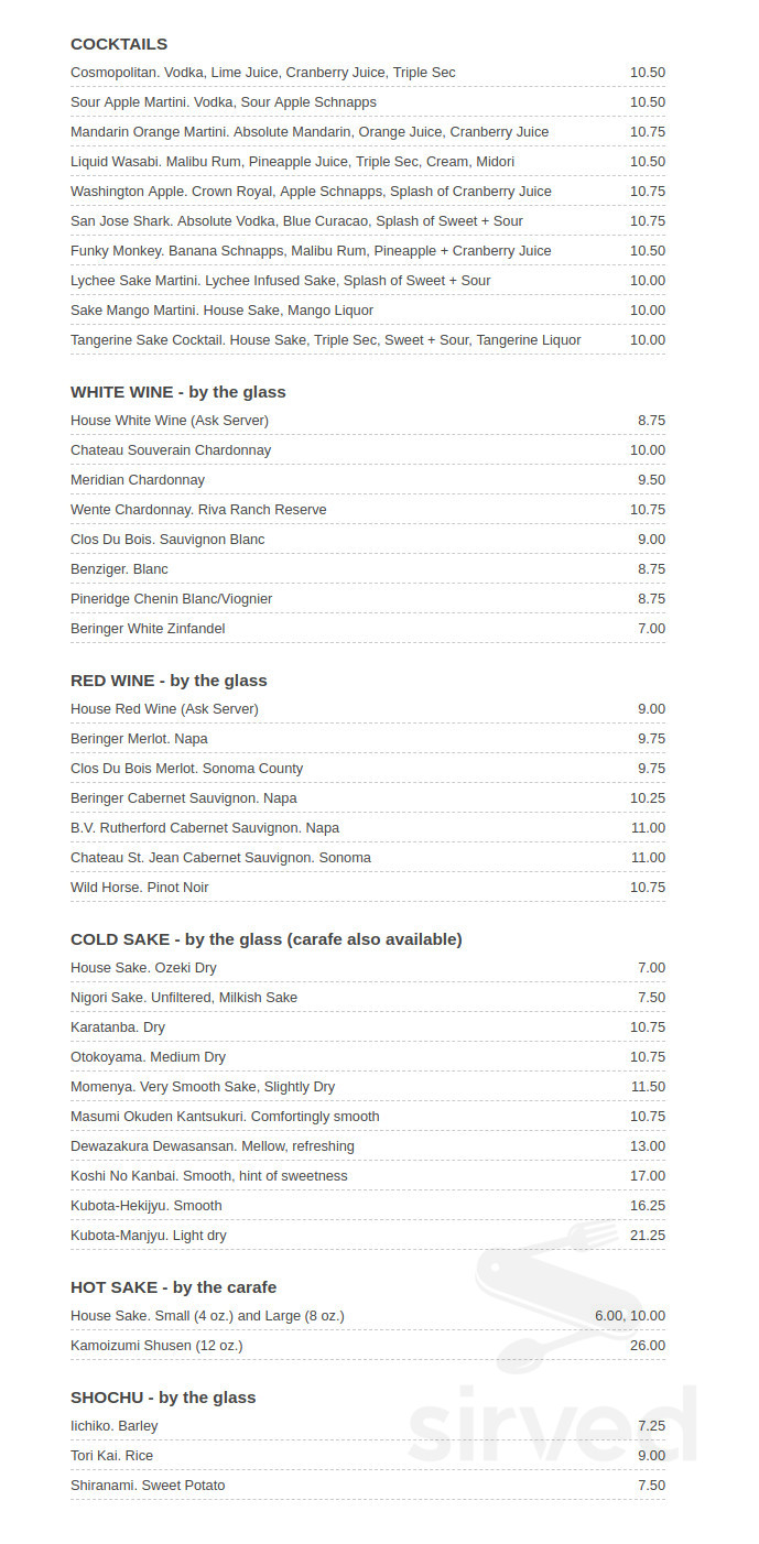Kubota menu in San Jose, California, USA