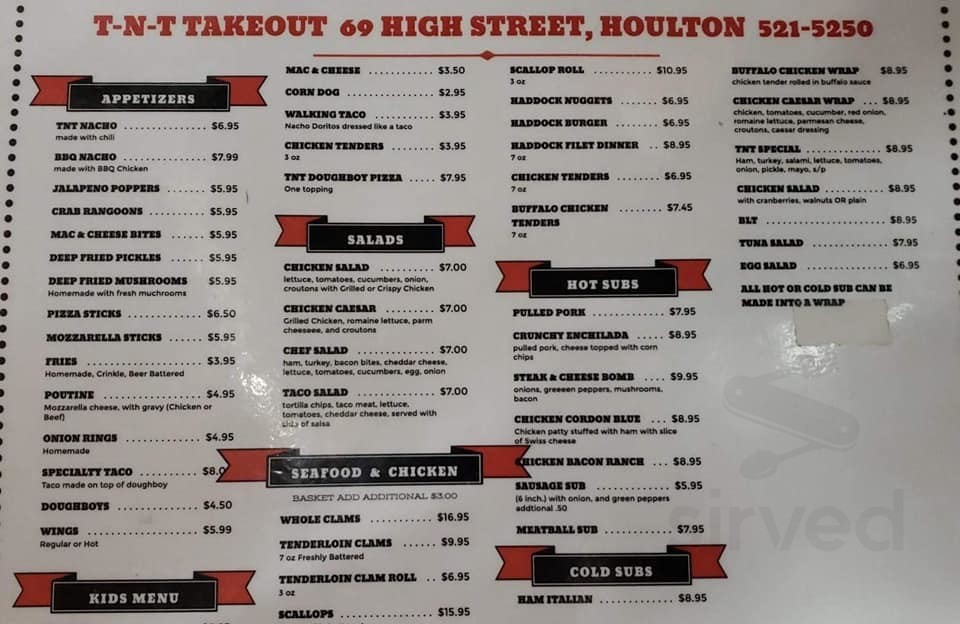 TNT Takeout menu in Houlton, Maine, USA