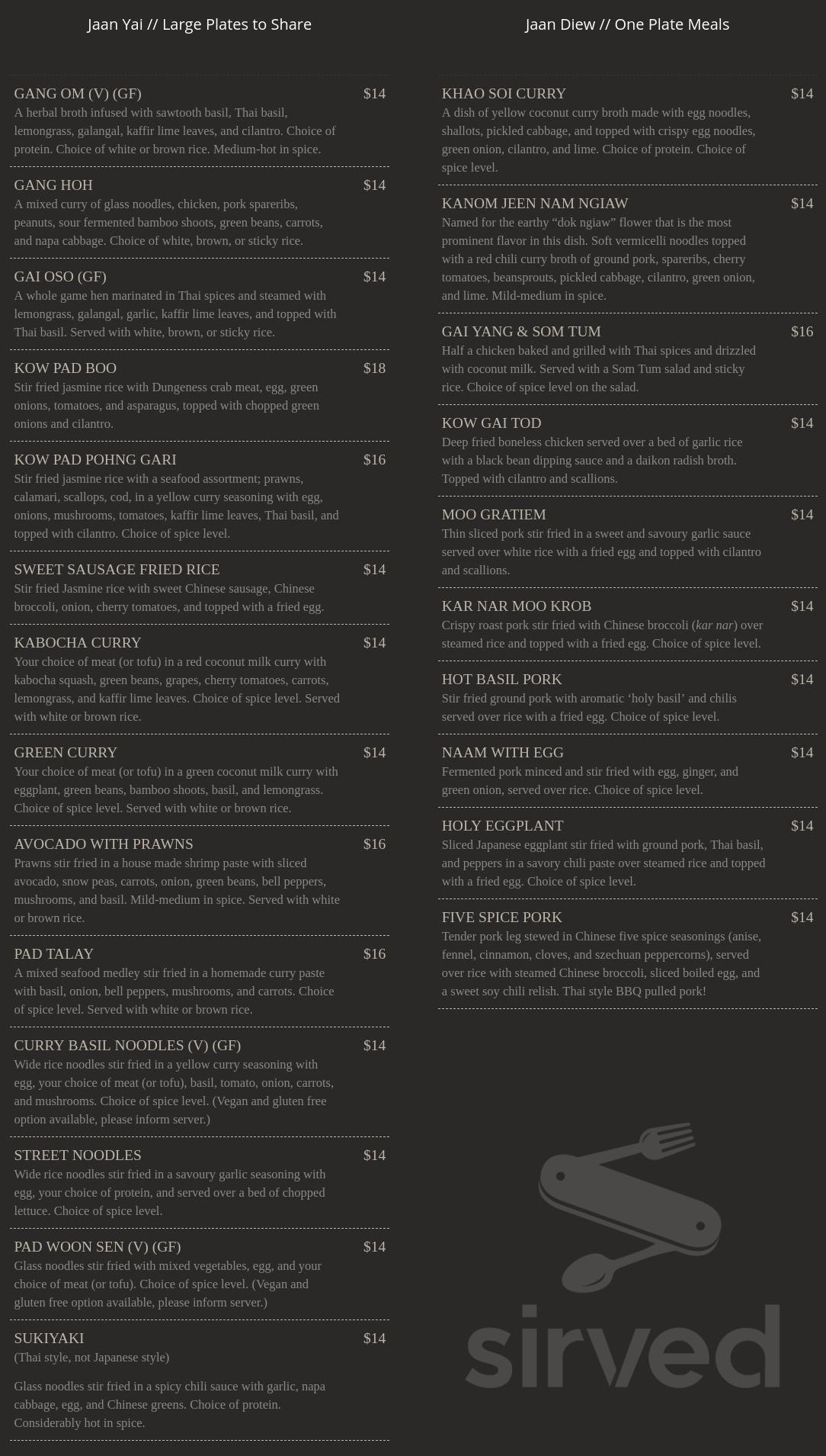 Menu - Bend OR's Wild Rose Northern Thai Eats | Sirved
