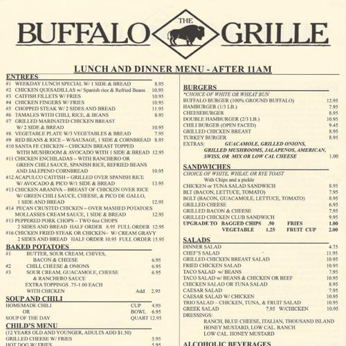 The Buffalo Grille menu in Houston, Texas, USA