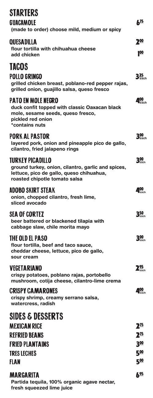 Taco nano menu in Glencoe, Illinois, USA