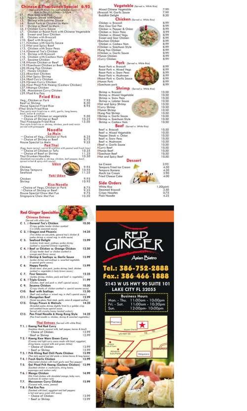 Red Ginger Asian Bistro menu in Lake City, Florida, USA