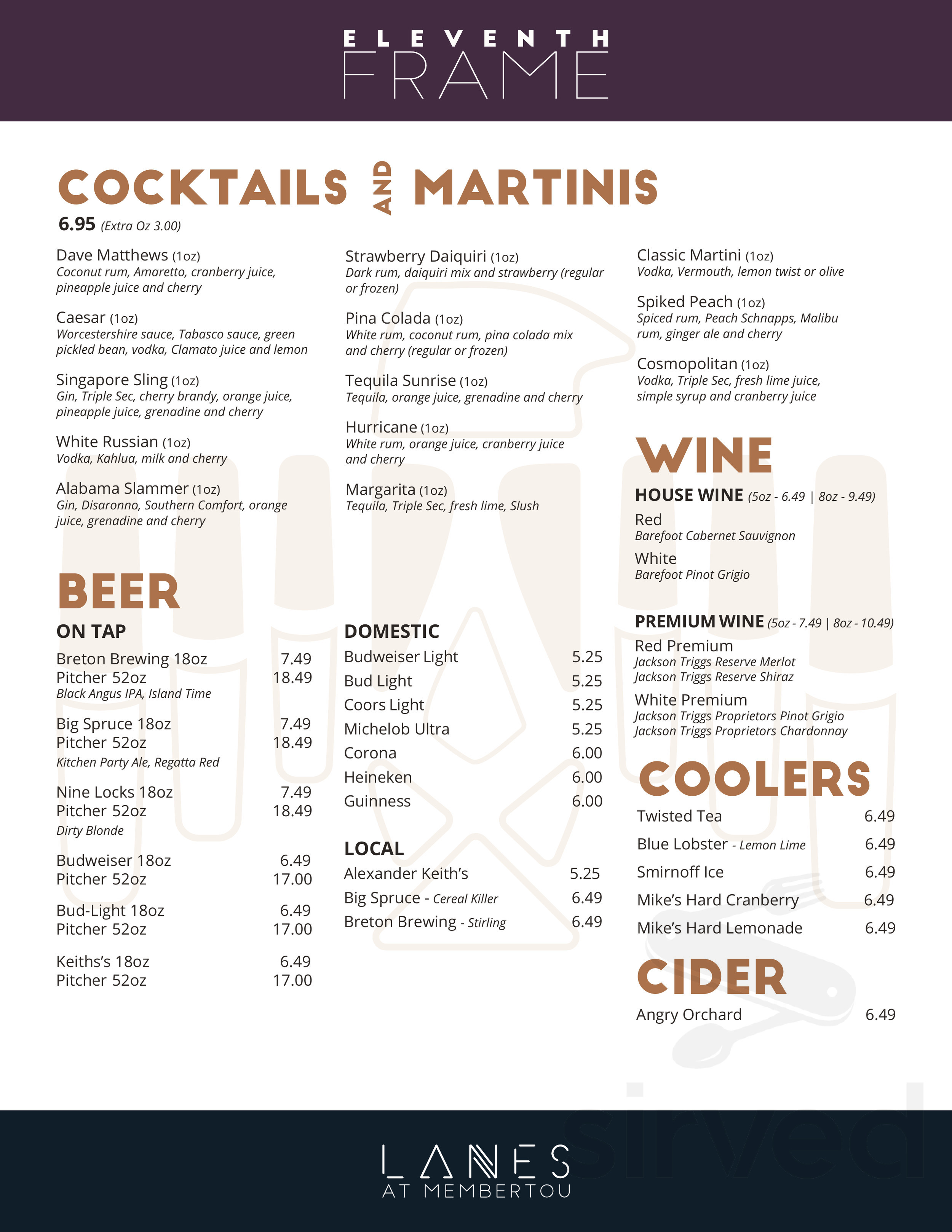 Lanes at Membertou menus in Membertou, Nova Scotia, Canada