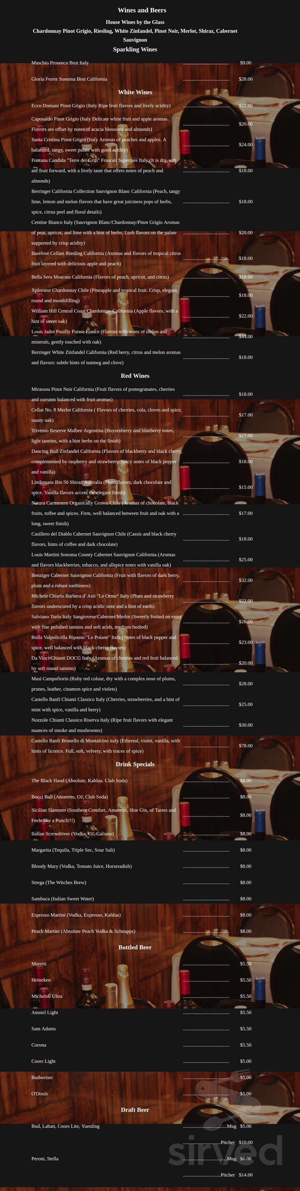 Ferrari's menu in Schenectady, New York, USA