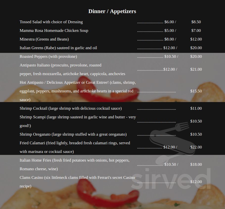 Ferrari's menu in Schenectady, New York, USA