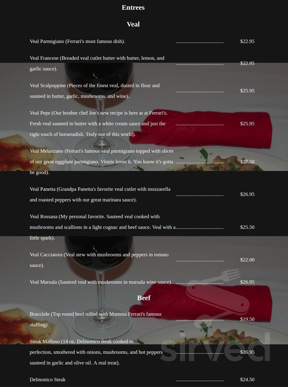 Ferrari's menu in Schenectady, New York, USA