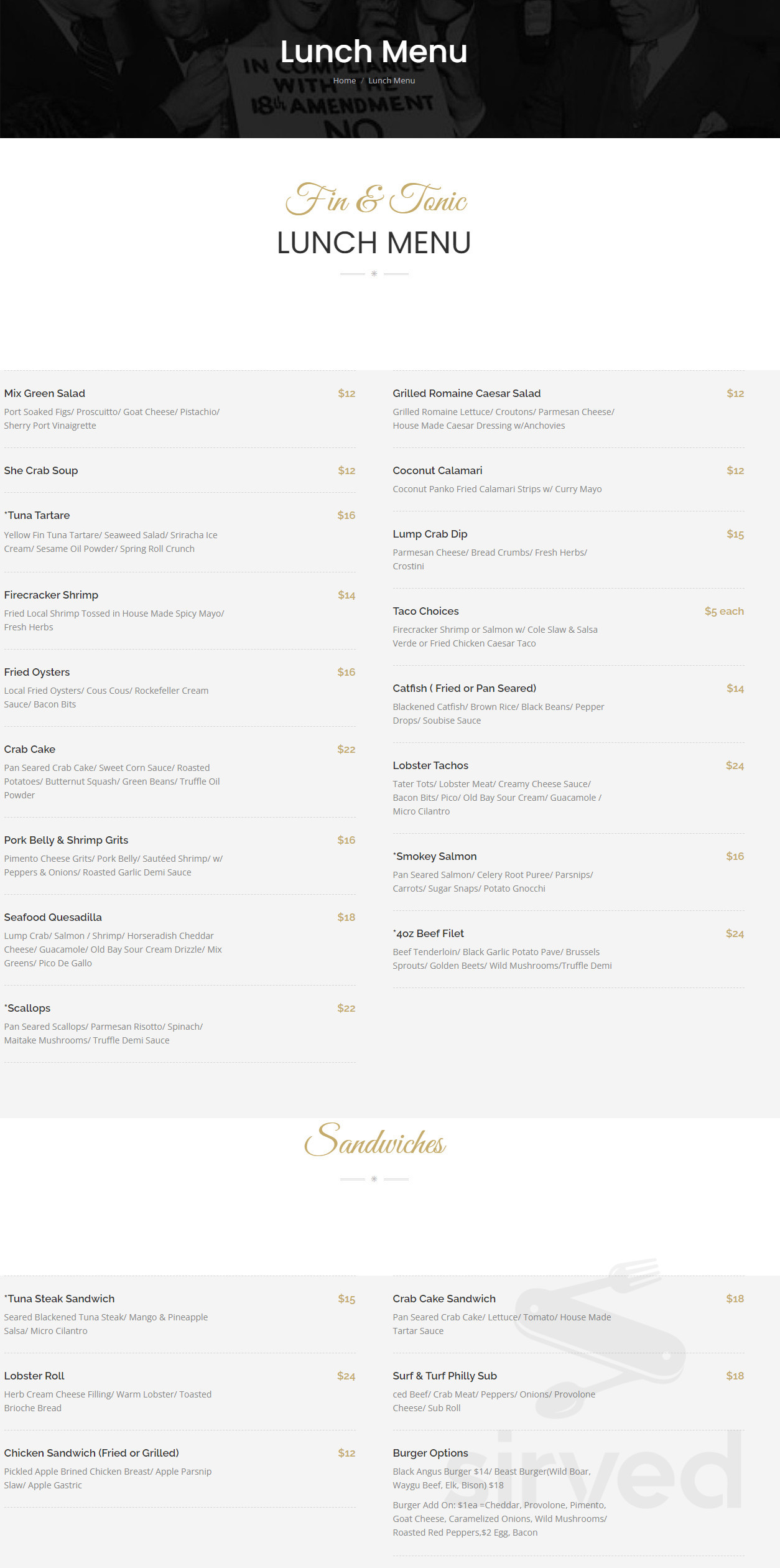 Fin & Tonic menu in Suffolk, Virginia, USA