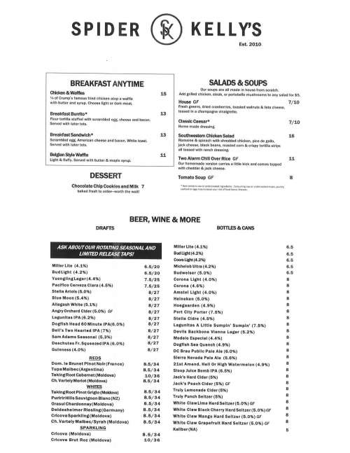 Spider Kelly's menu in Arlington, Virginia, USA