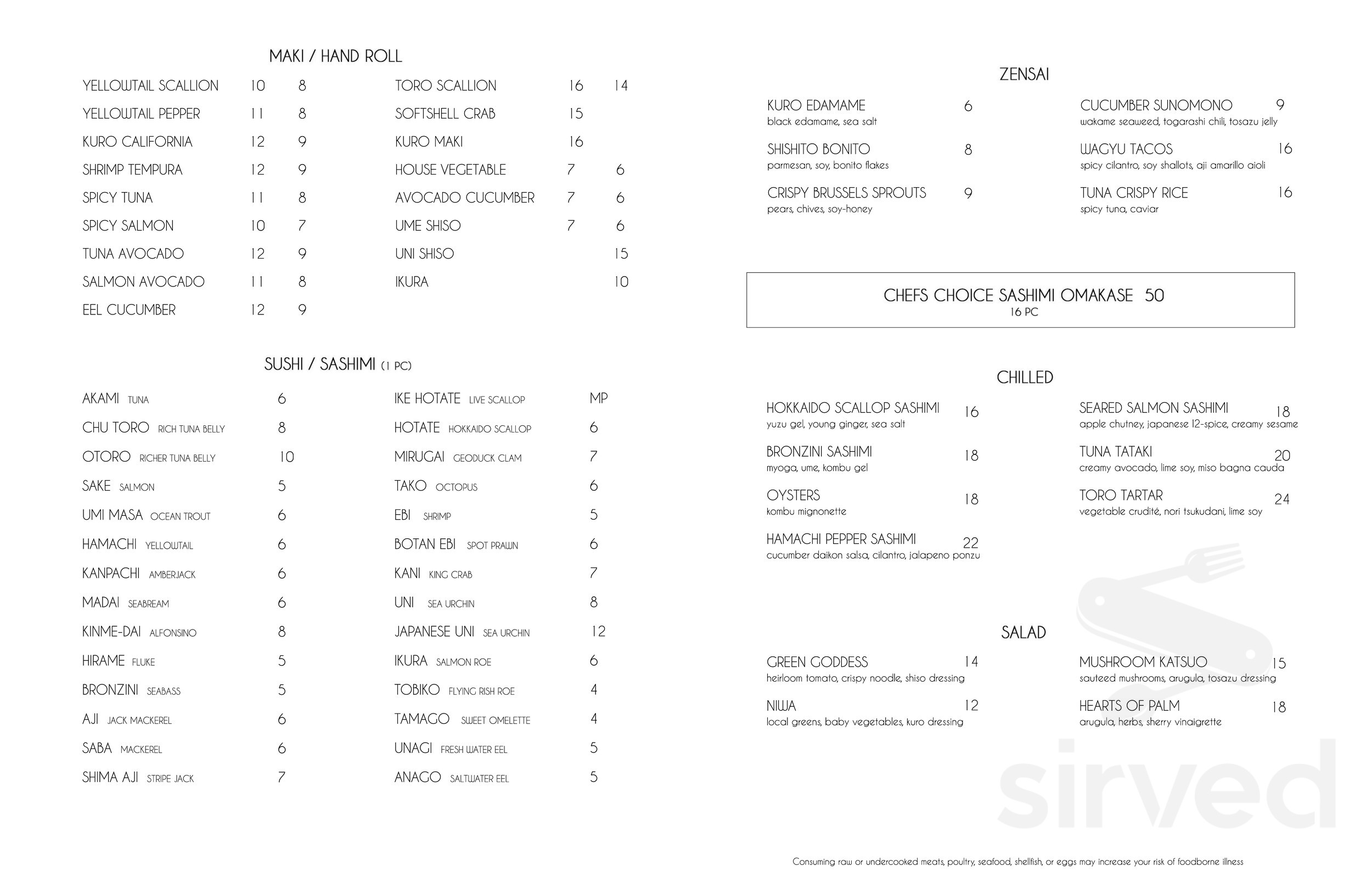 Kuro (in Seminole Hard Rock Hollywood) menu in Hollywood, Florida, USA