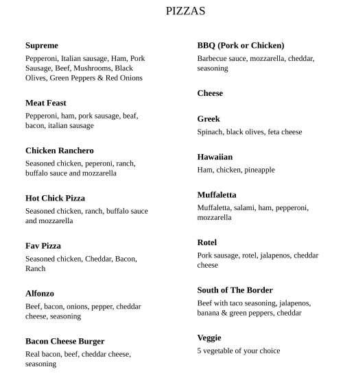 Stromboli's menu in Starkville, Mississippi, USA