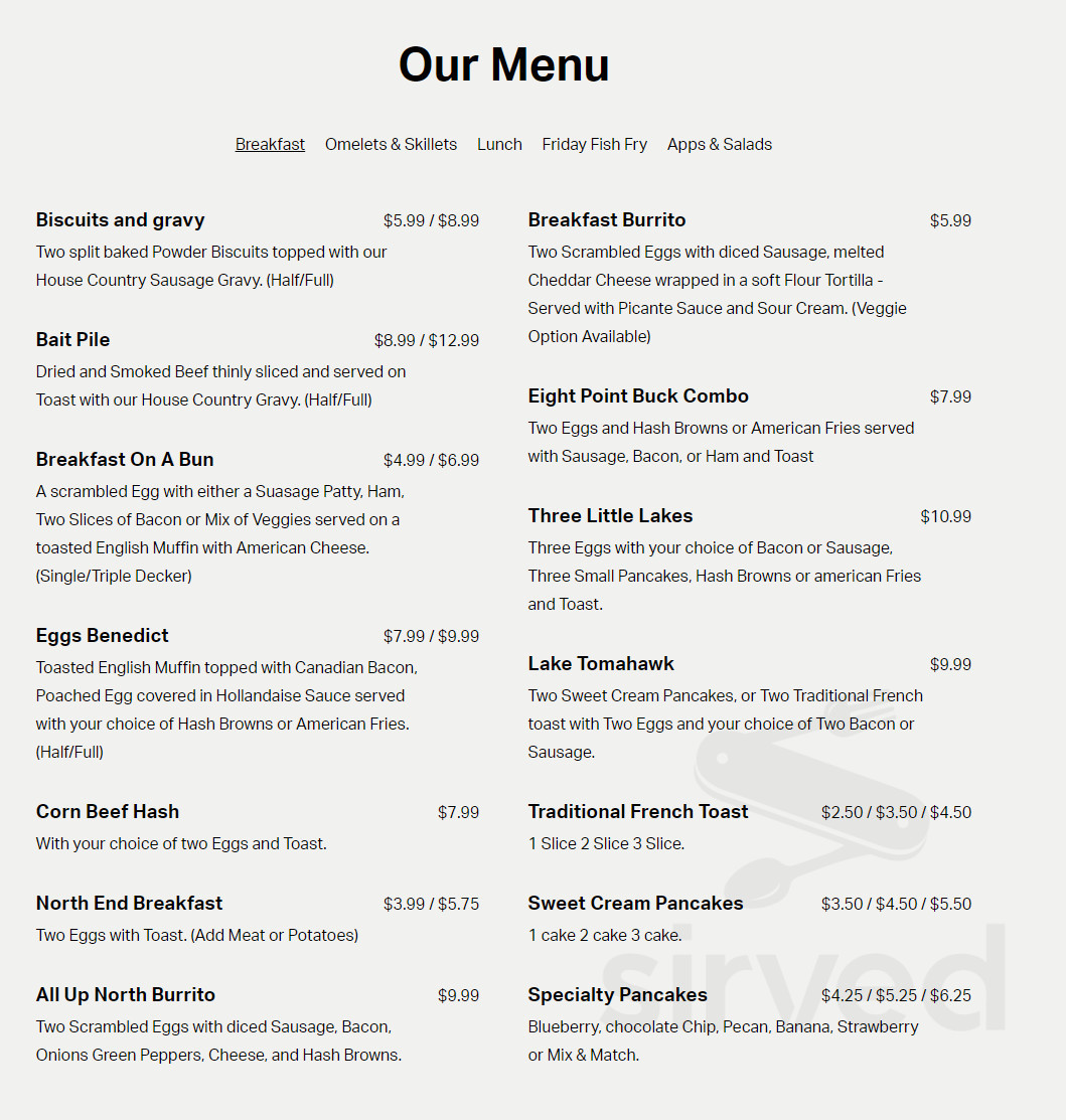 Lake Tomahawk Village Cafe & Pub menu in Lake Tomahawk, Wisconsin, USA