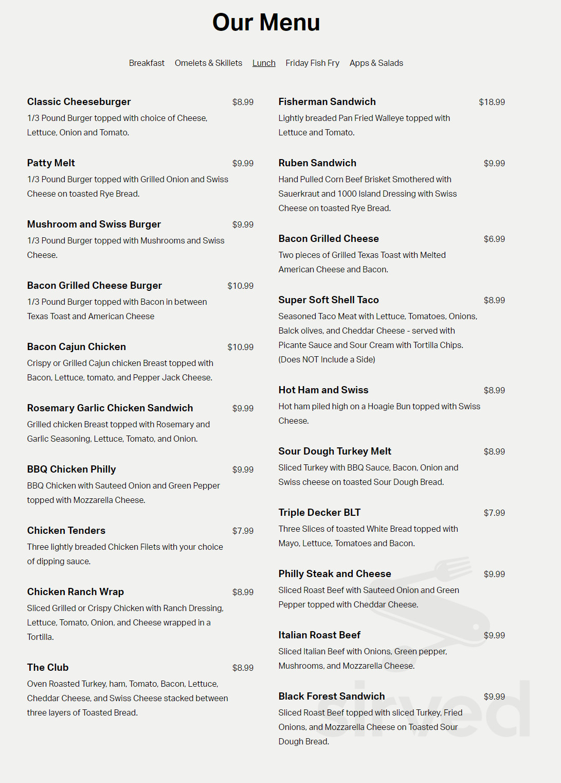 Lake Tomahawk Village Cafe & Pub menu in Lake Tomahawk, Wisconsin, USA