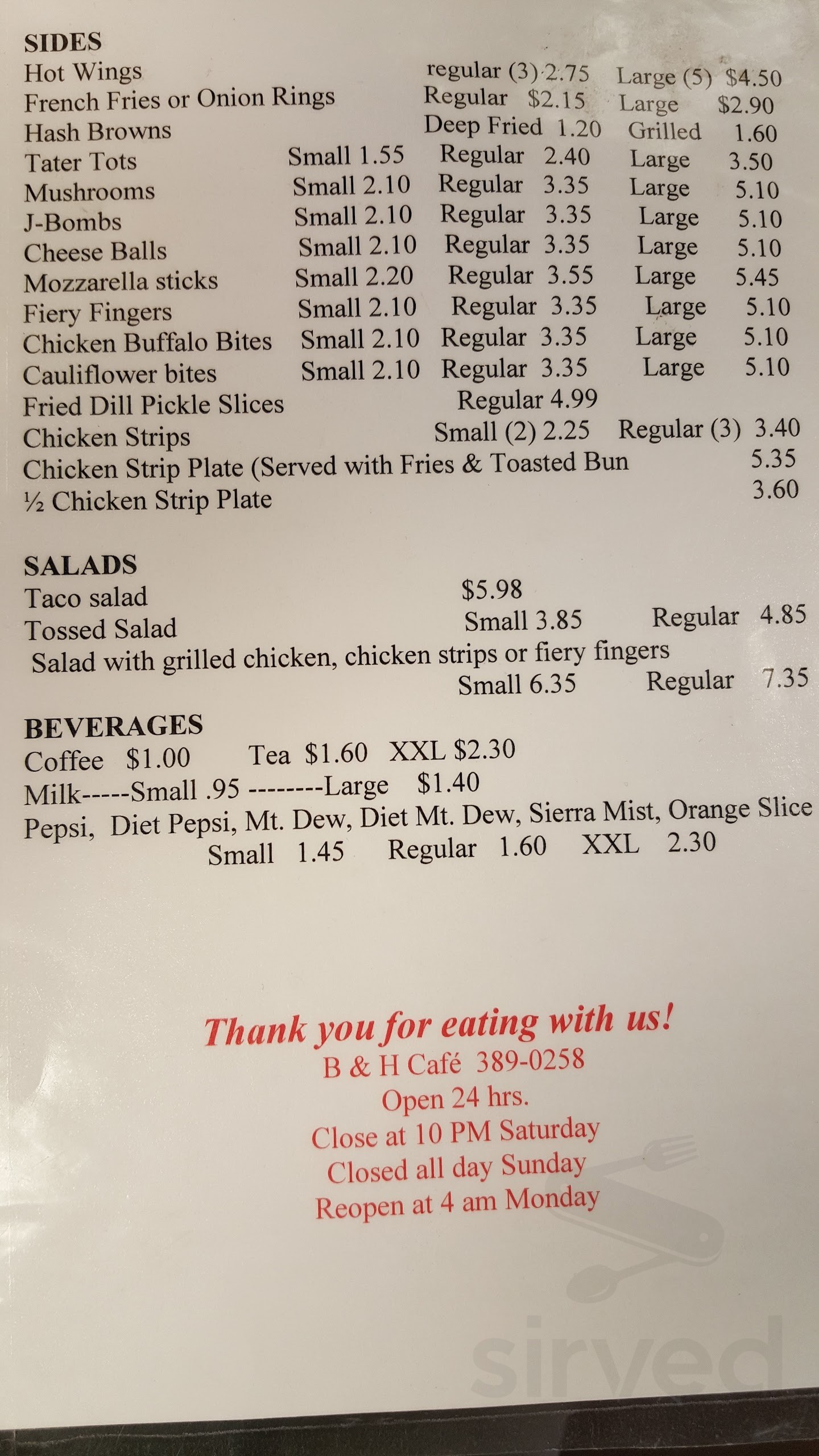 B & H Restaurant menu in Morganfield, Kentucky, USA