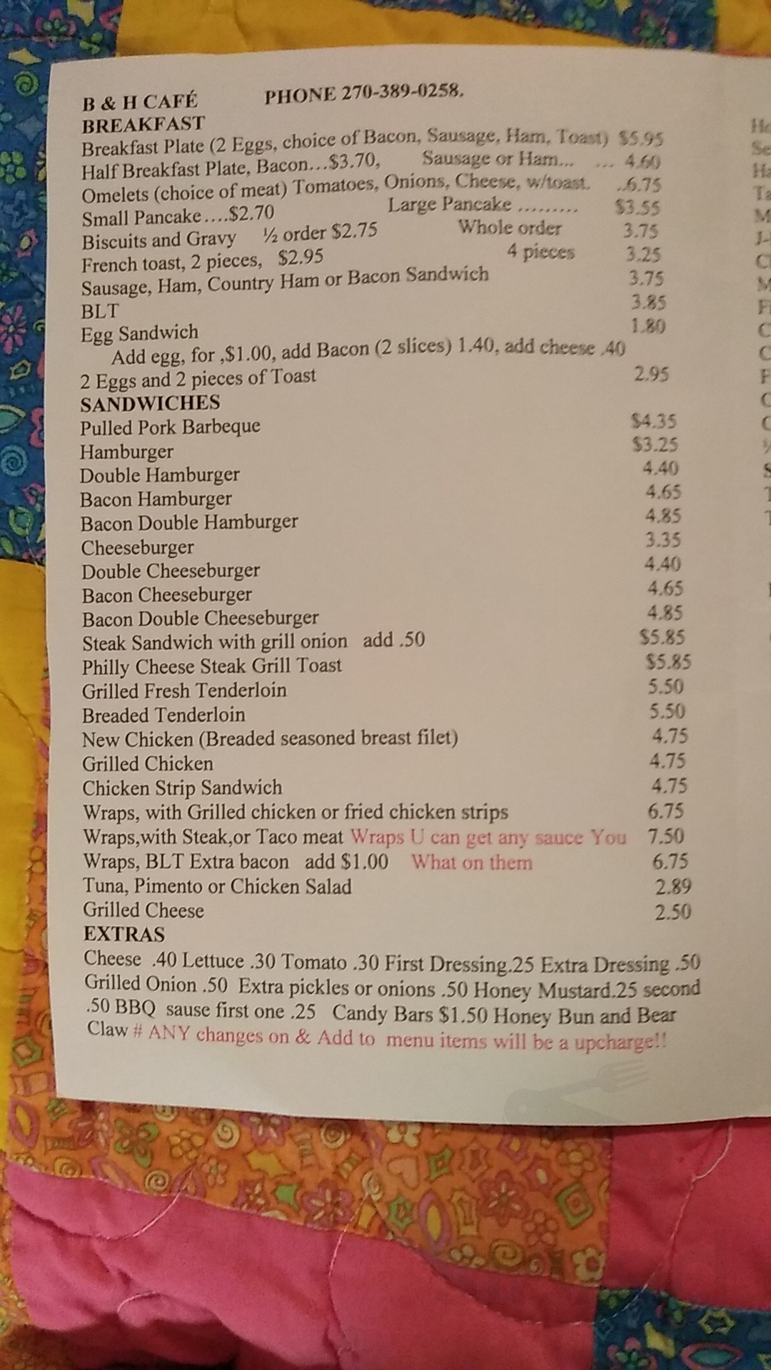 Menu for B & H Restaurant in Morganfield, KY | Sirved