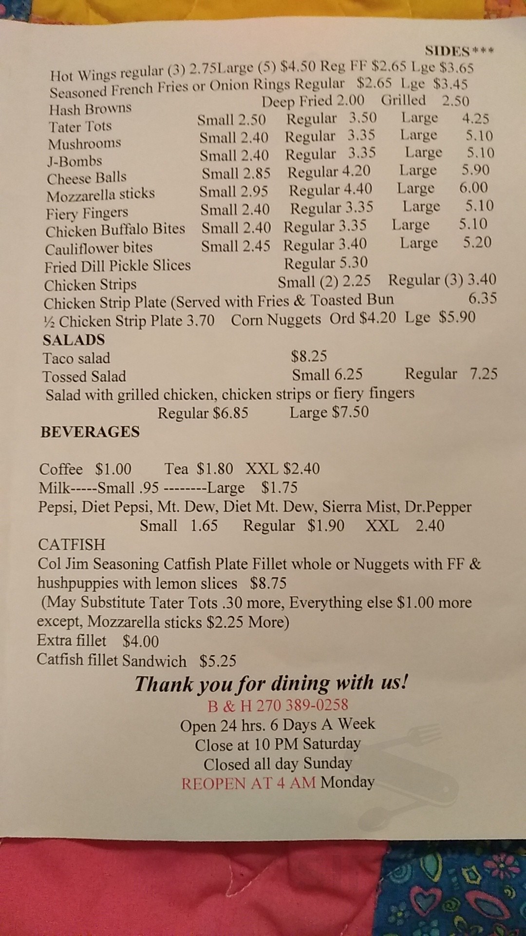 B & H Restaurant menu in Morganfield, Kentucky, USA