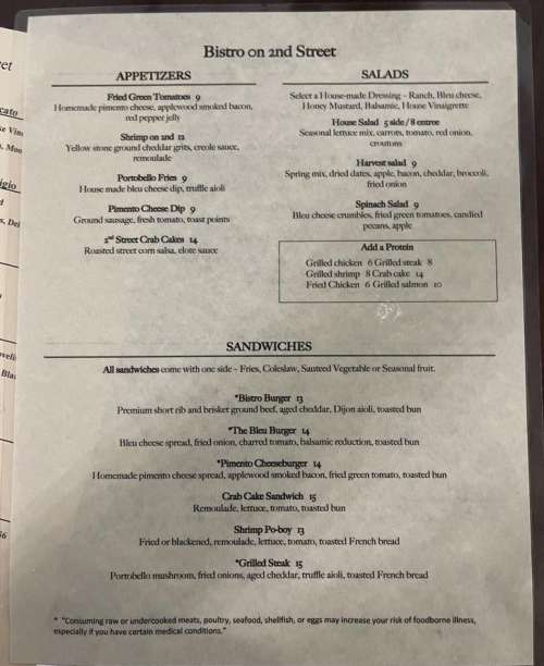 Bistro on 2nd Street menu in Cheraw, South Carolina, USA