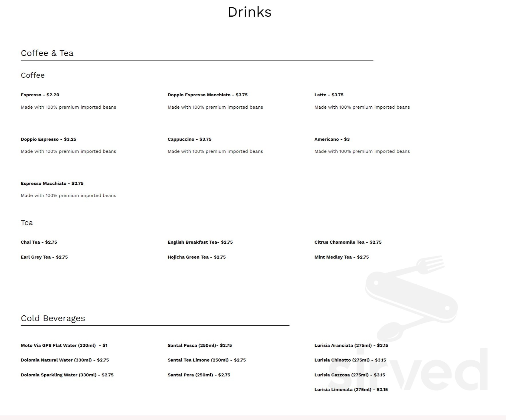 Menu - Toronto ON's Moto Via (Adelaide East) | Sirved