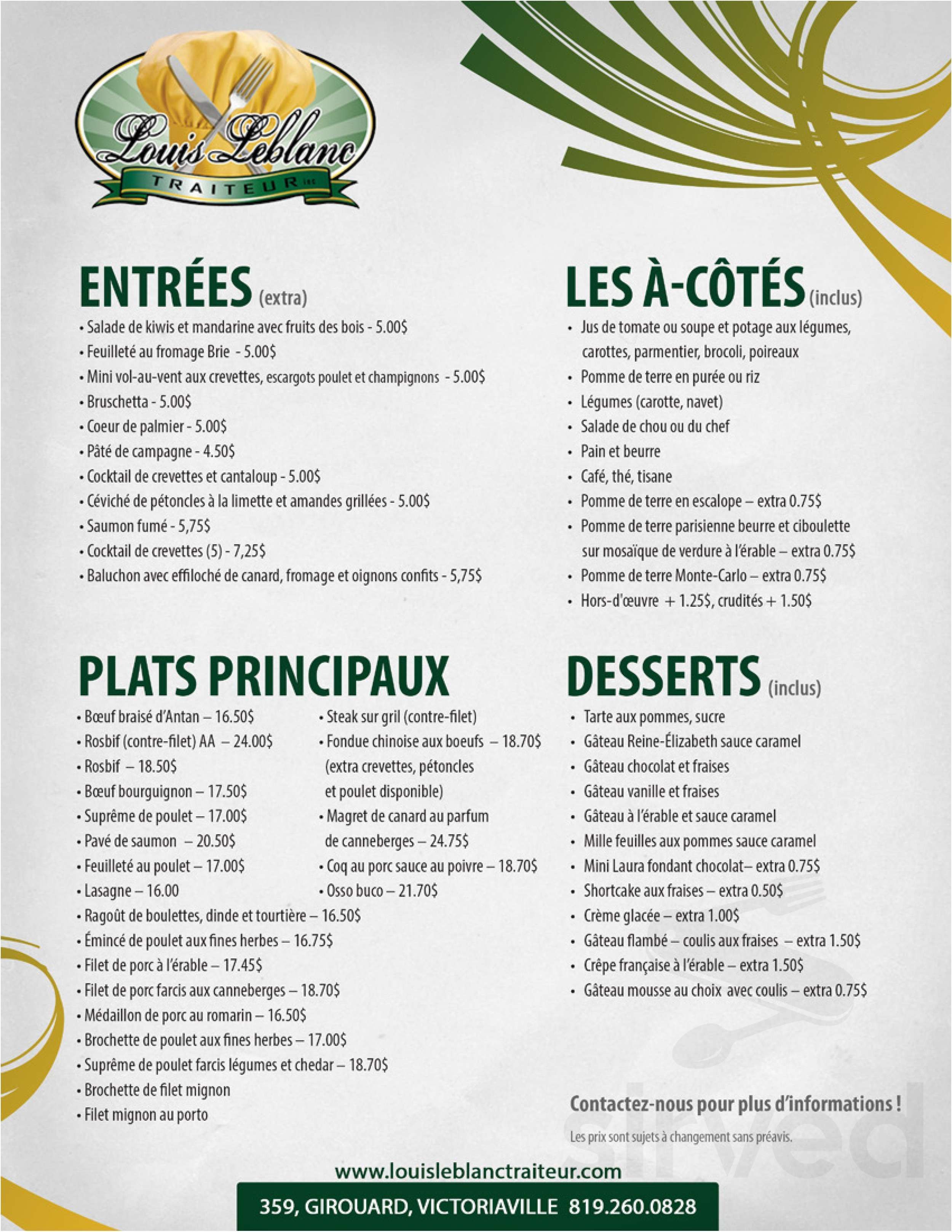 Menu - Victoriaville QC's Louis Leblanc Traiteur | Sirved