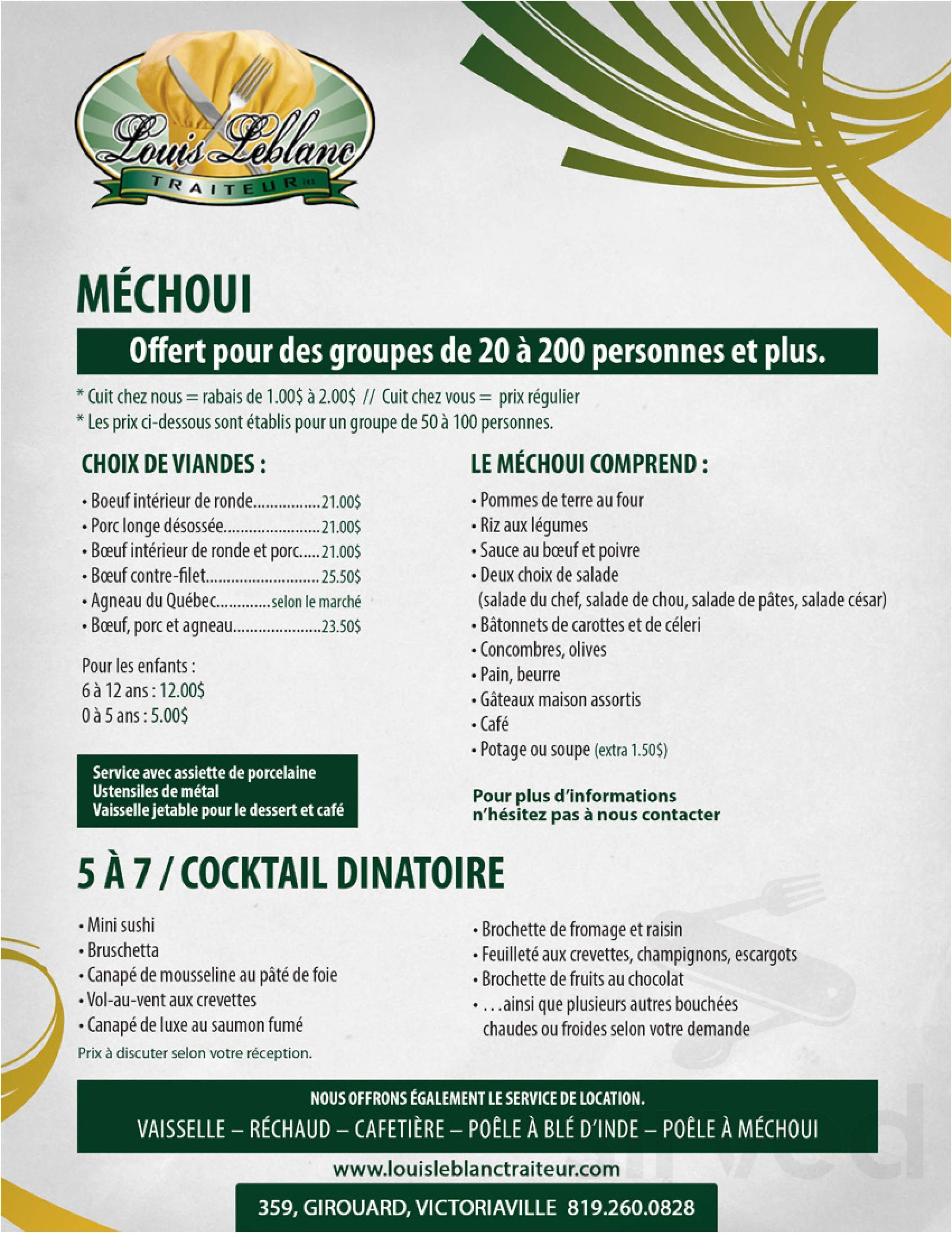 Louis Leblanc Traiteur menu in Victoriaville, Quebec, Canada