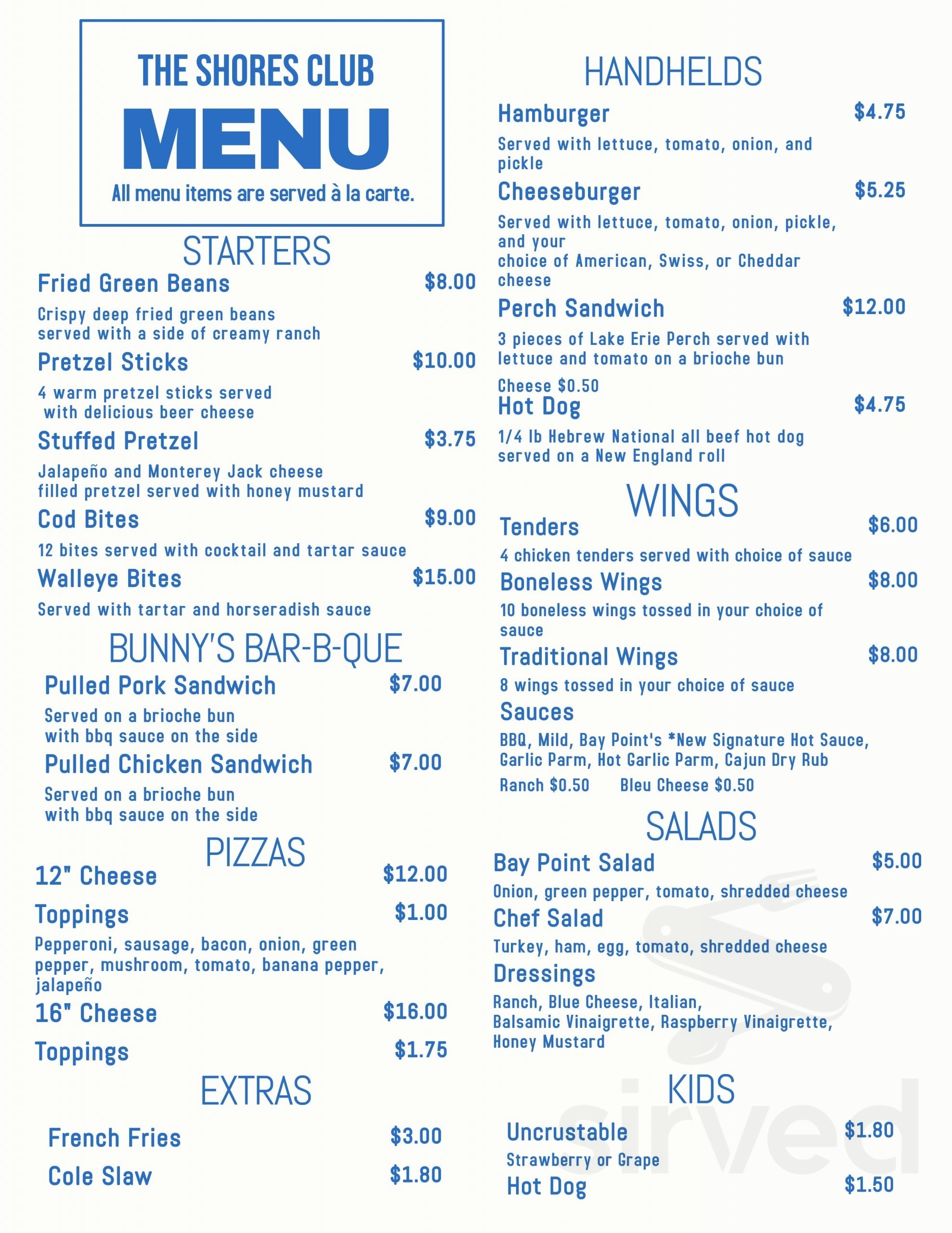 The Shores Club Restaurant menu in Lakeside Marblehead, Ohio, USA