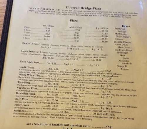 Covered Bridge Pizza Parlor menu in North Kingsville, Ohio, USA