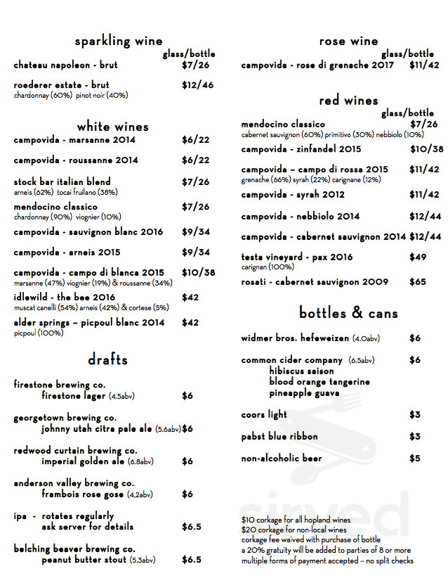 Menu - Hopland CA's Stock Farm Hopland | Sirved