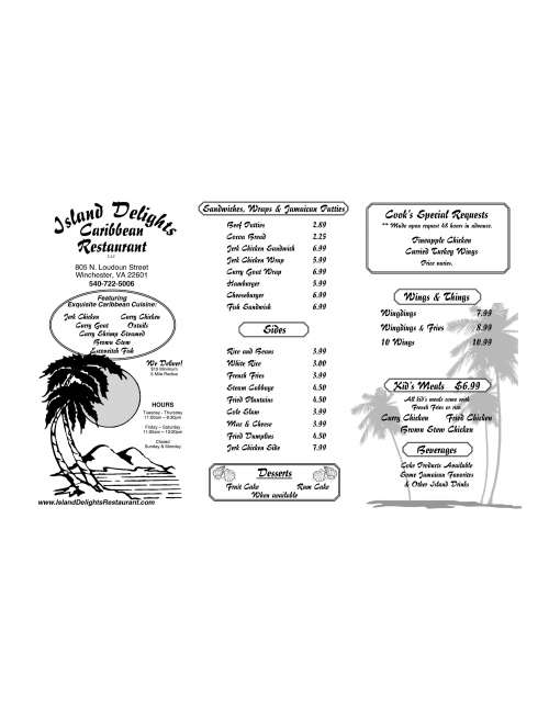 Island Delights Caribbean Restaurant menu in Winchester, Virginia, USA
