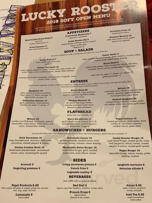 Lucky Rooster Kitchen & Cocktails menu in Battle Creek, Michigan, USA