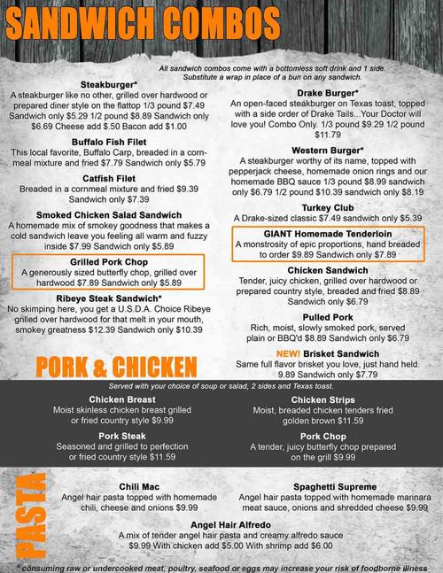 Drakes Steak & Ale menu in Hannibal, Missouri, USA