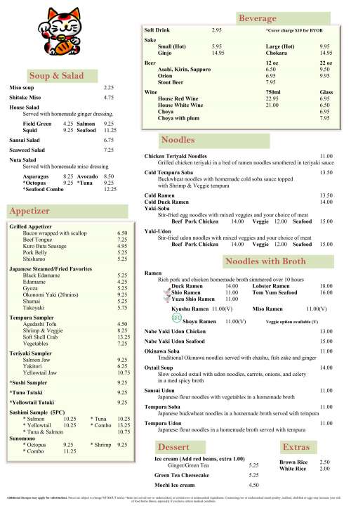 Maneki Neko Japanese Restaurant menu in Falls Church, Virginia, USA