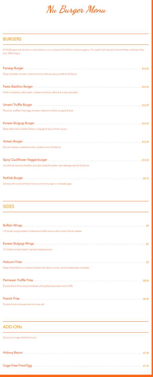 NuBurger menu in Boston, Massachusetts, USA