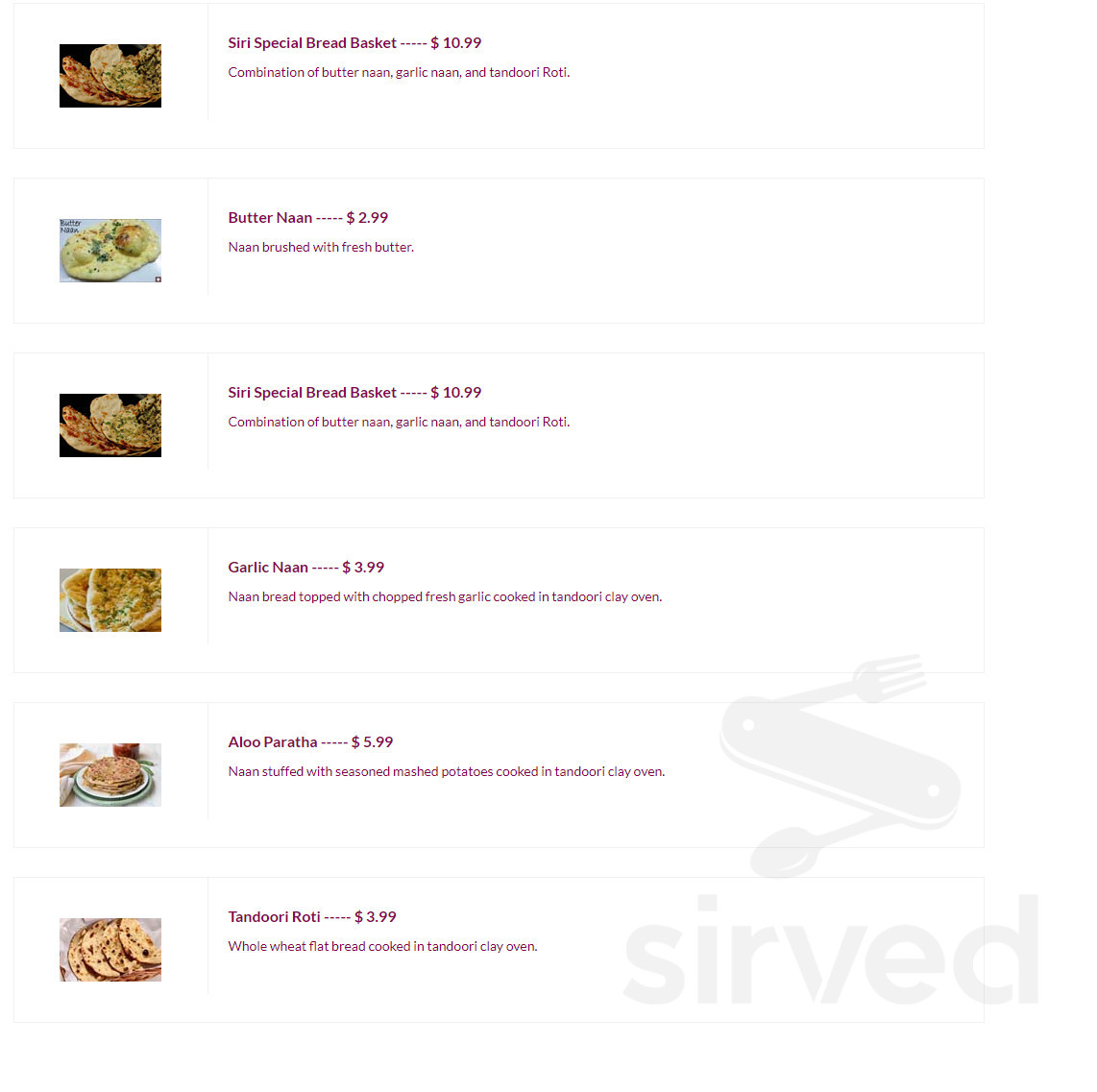 Siri Indian Restaurant menu in Chicago, Illinois, USA